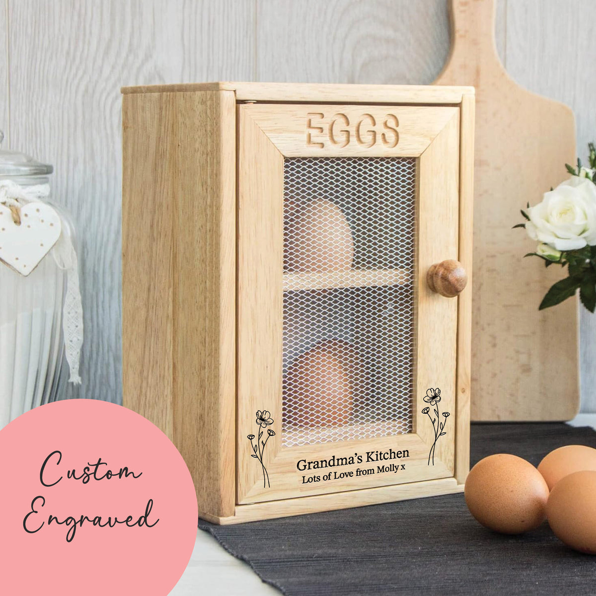 Engraved Wildflower Modern Wooden Egg Cabinet Organiser and Holder ...